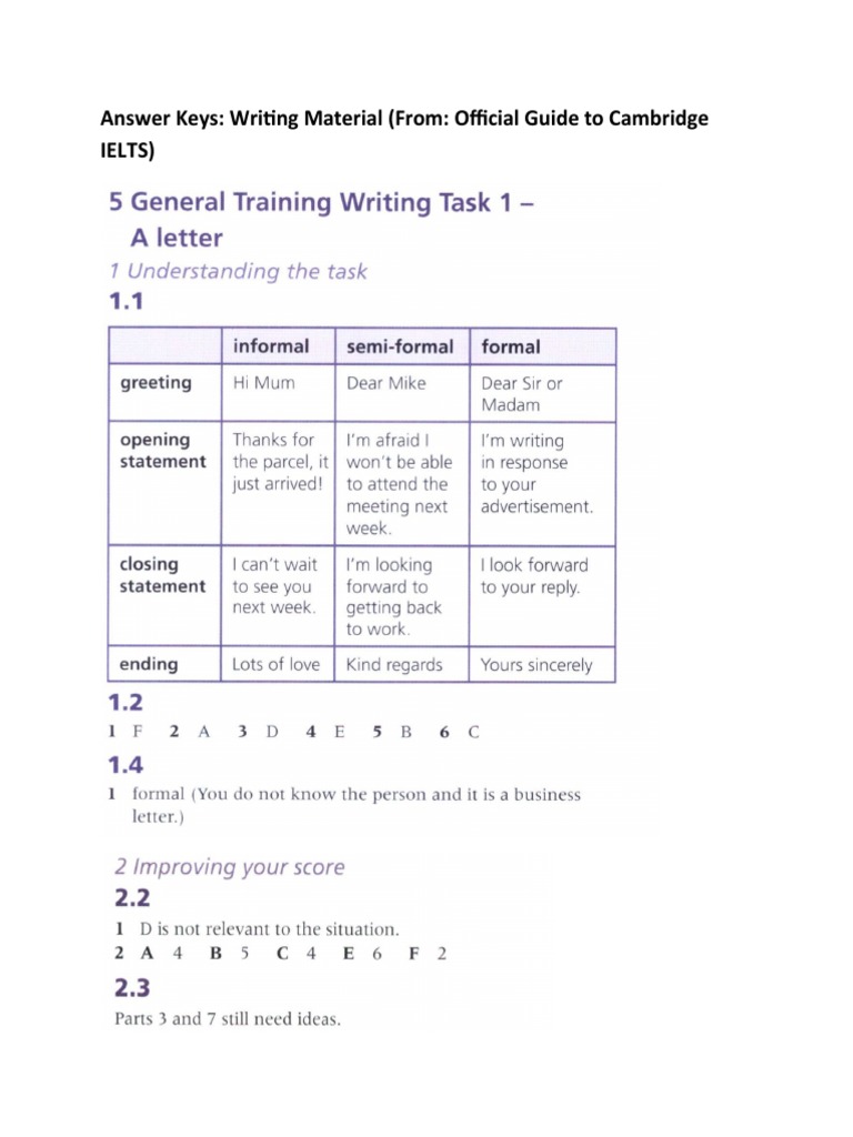 Answer Keys: Writing Material (From: Official Guide To Cambridge Ielts ...