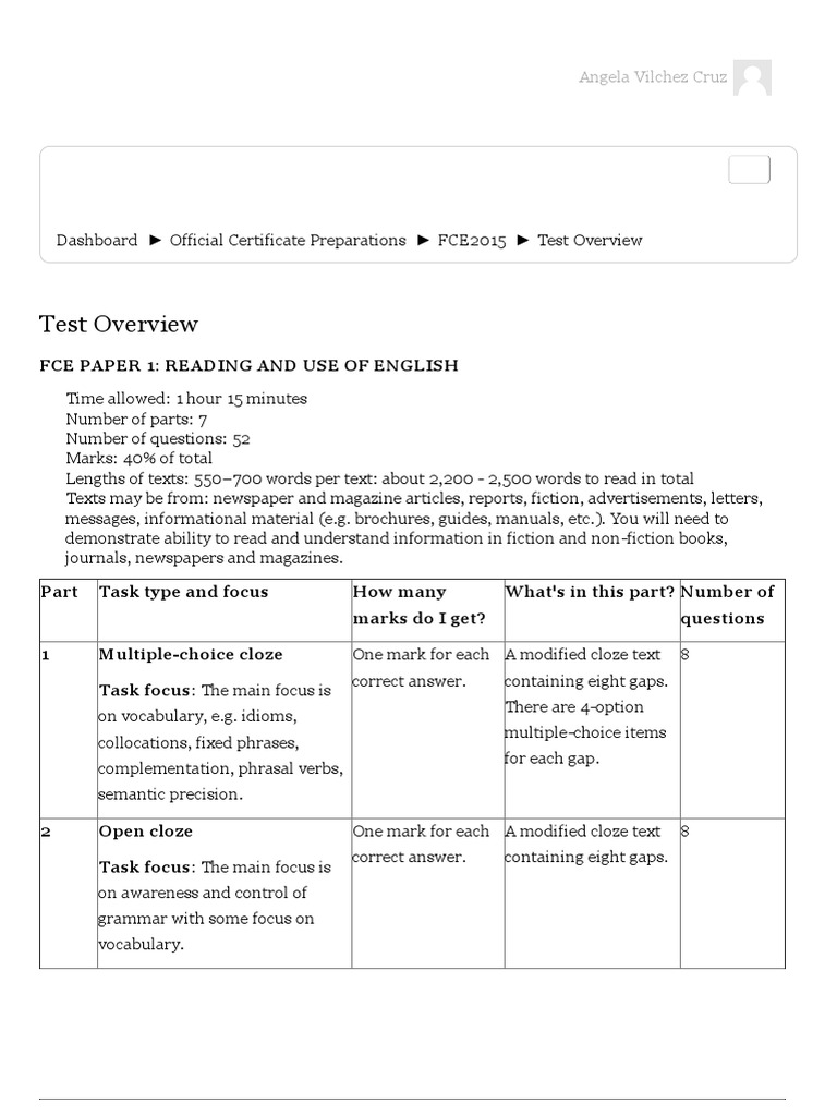 Test Overview: Fce Paper 1: Reading and Use of English | PDF | Question ...