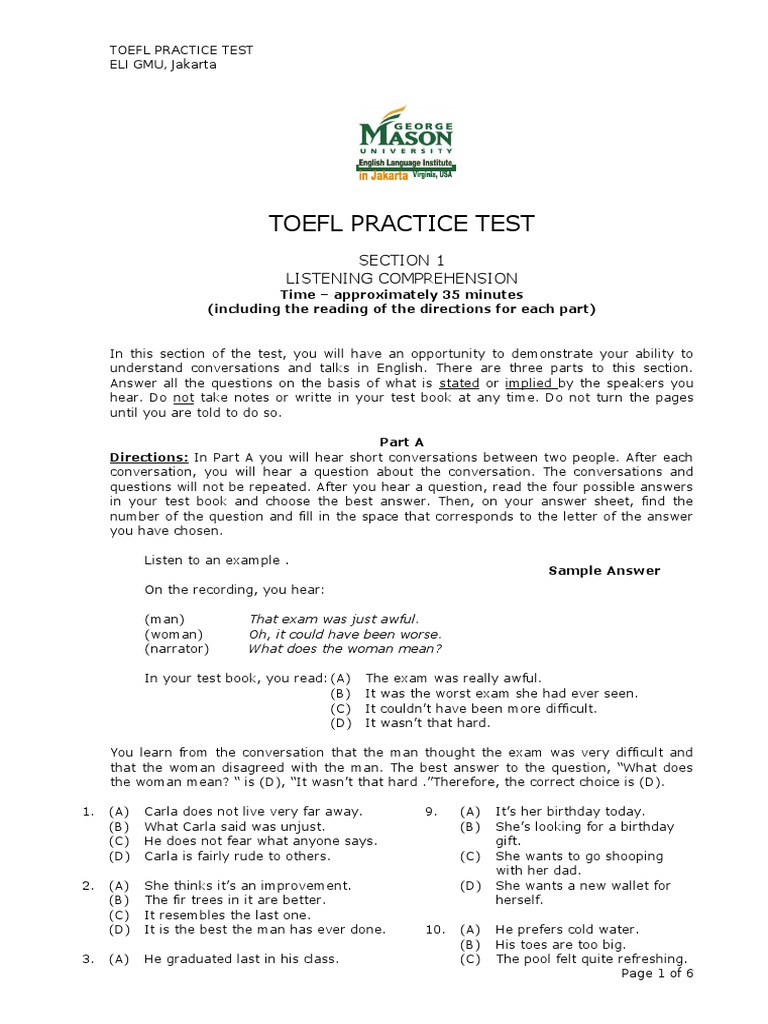 TOEFL Practice Test with Listening Comprehension Section for ELI GMU in ...