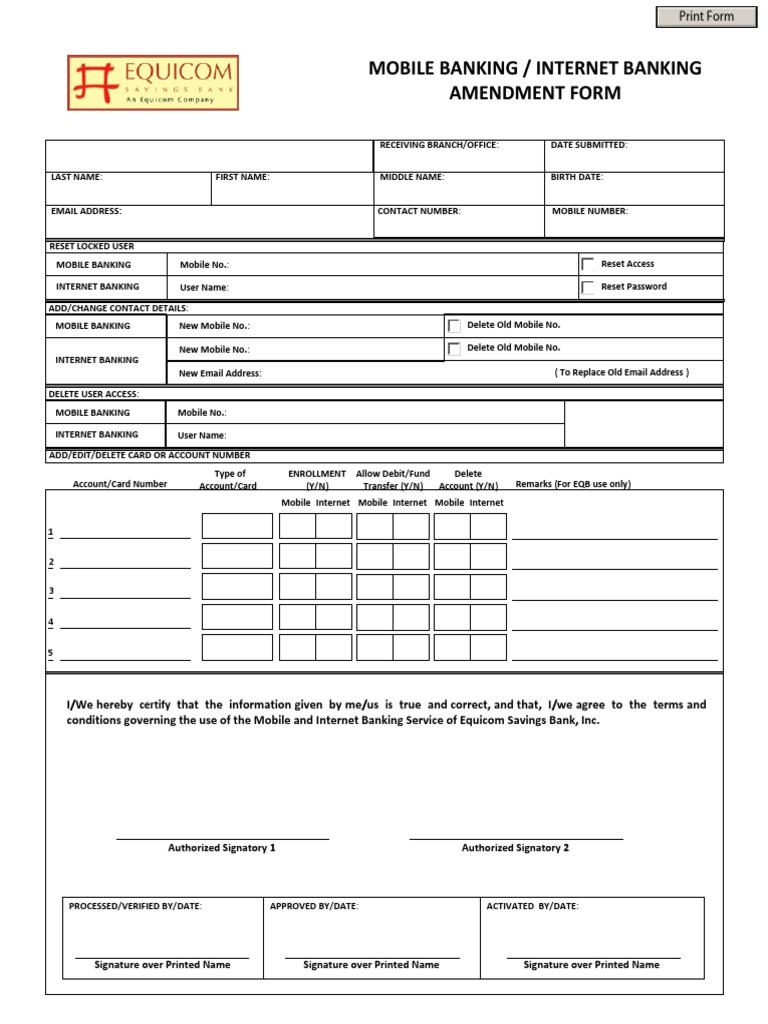 Mobile Banking Internet Amendment Form - 2 - 2 | PDF | Online Banking ...