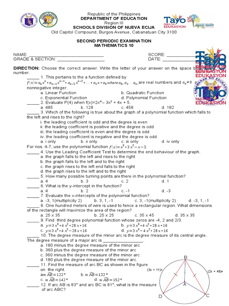 MATH 10 Test With Answer Key | PDF | Circle | Angle