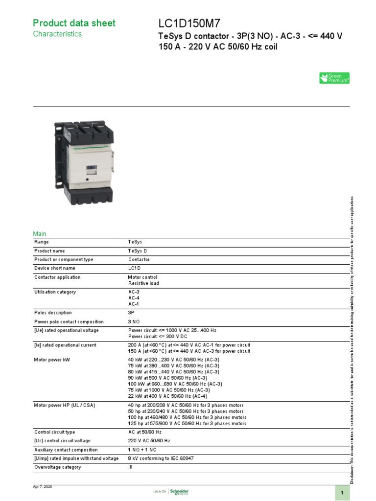 LC1D150M7: Product Data Sheet | PDF | Alternating Current | Electric Motor