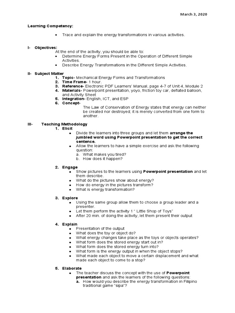 G10 Lesson Plan On Energy Transformation | PDF | Kinetic Energy | Physics