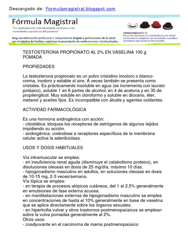 TESTOSTERONA PROPIONATO 2% EN VASELINA 100 G POMADA | PDF ...