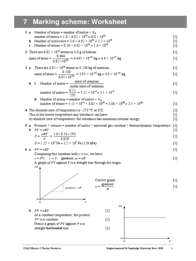 7 Marking Scheme: Worksheet: P V NRT P 1.22 × 10 PV NRT y PV | PDF ...