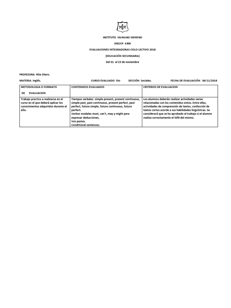 INSTITUTO MARIANO MORENO Eval Integradora | PDF