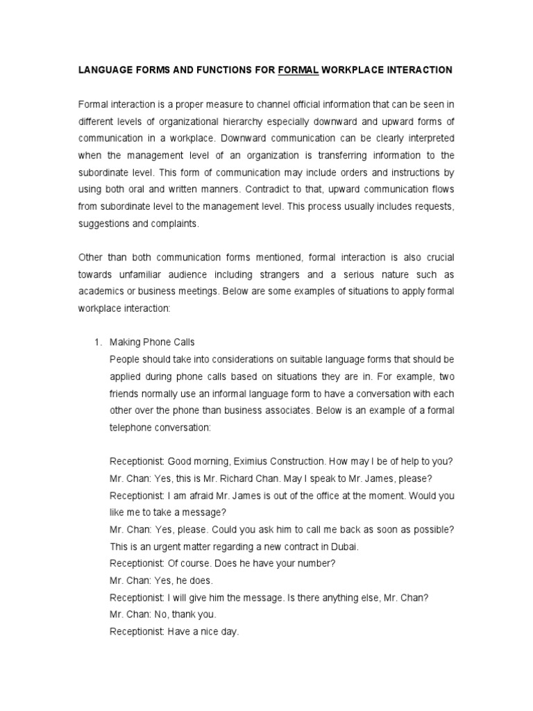 Language Forms and Functions For Formal Workplace Interaction | PDF ...