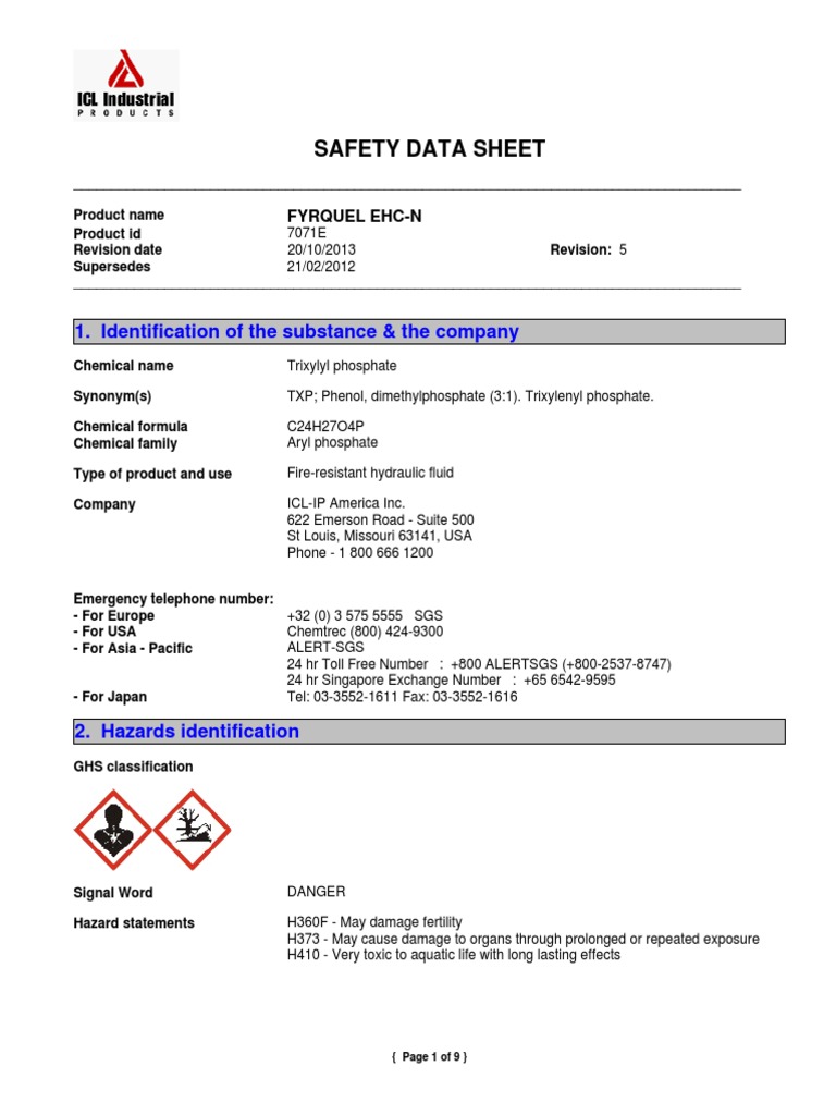 MSDS For Fyrquel EHC-N | Download Free PDF | Dangerous Goods | Toxicity