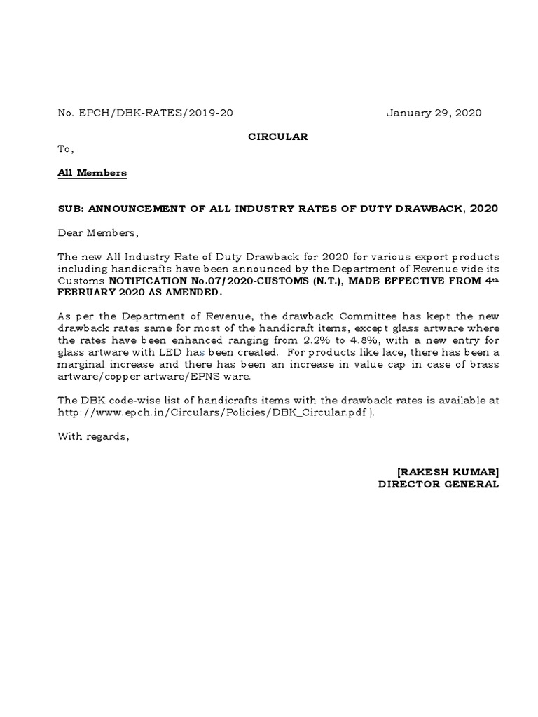 Circular: Notification No.07/2020-Customs (N.T.), Made Effective From 4 ...