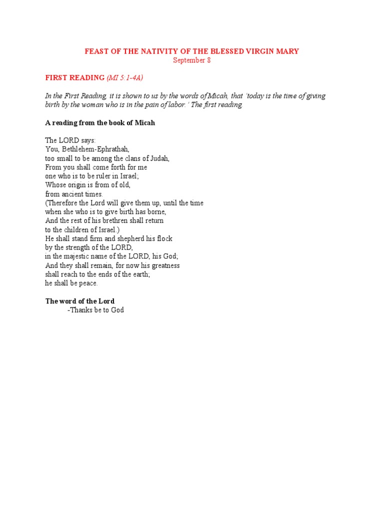 Feast of The Nativity of The Blessed Virgin Mary (Eng Readings) | PDF ...