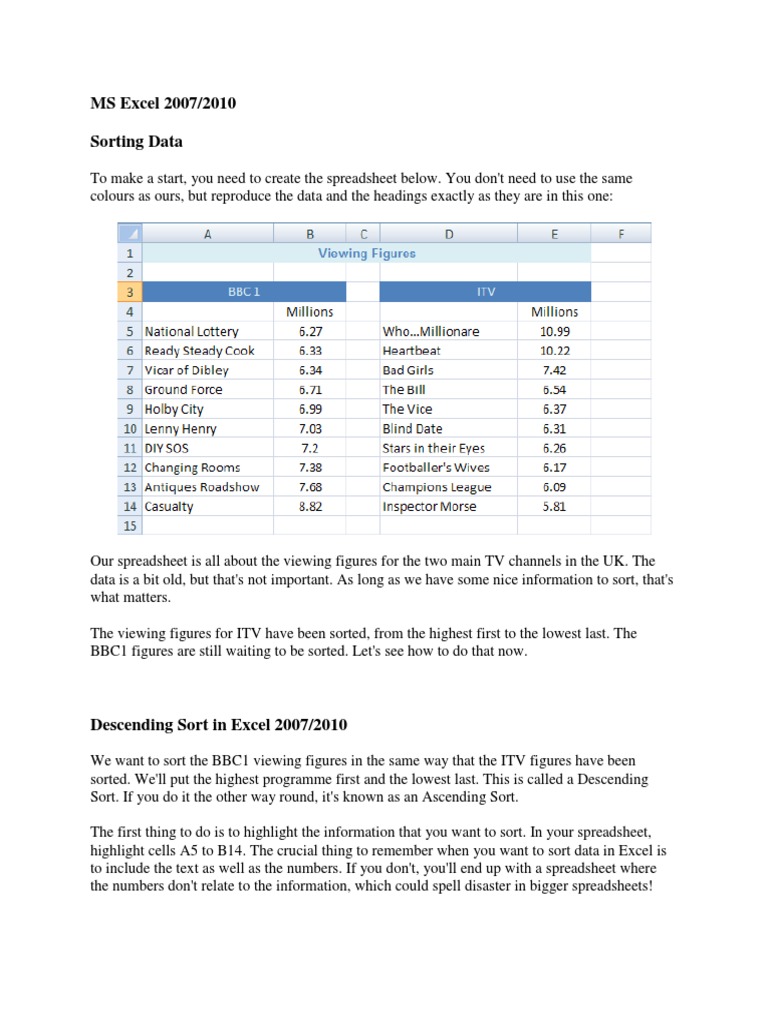 Excel Sorting PDF | PDF | Microsoft Excel | Spreadsheet