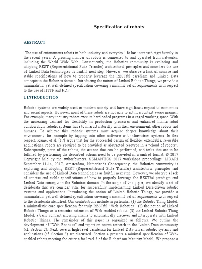 Specification of Robots | PDF | Robot | Robotics