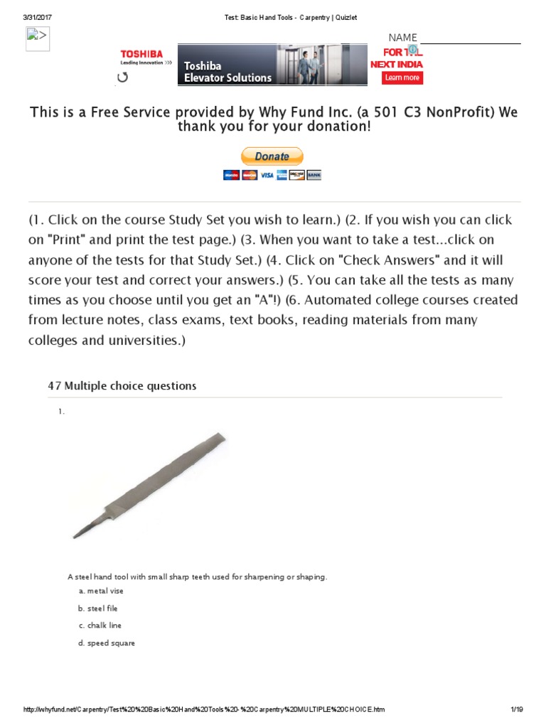 Test - Basic Hand Tools - Carpentry - Quizlet | PDF | Hammer | Carpentry