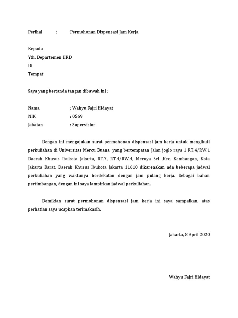 Contoh Surat Permohonan Dispensasi | PDF