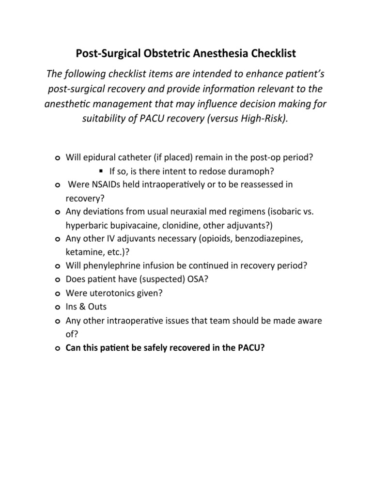 Post-Surgical Obstetric Anesthesia Checklist | PDF | Science & Mathematics