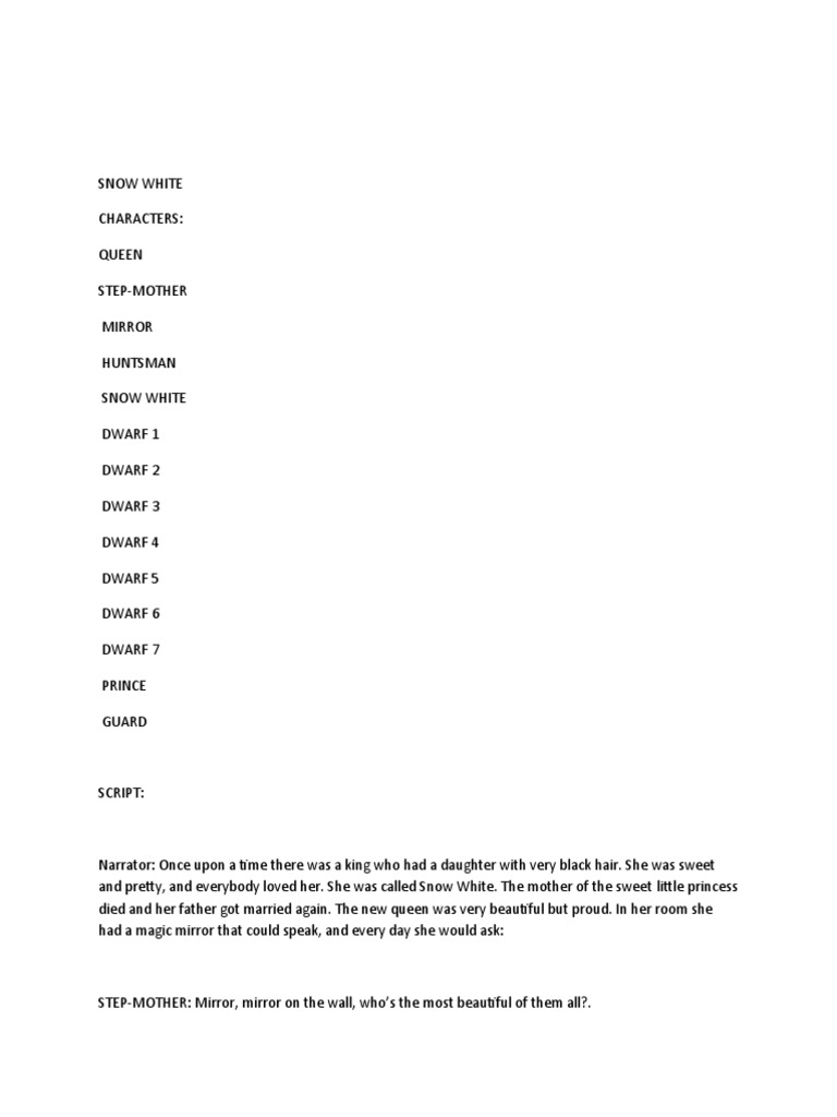 SNOW WHITE Script | PDF | Snow White | Dwarf (Dungeons & Dragons)