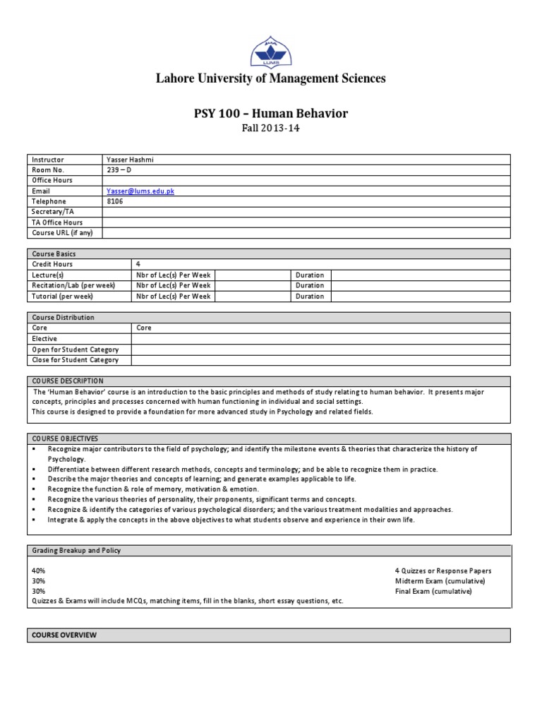 PSY 100-Human Behaviour-Yasser Hashmi PDF | PDF | Emotions | Psychology