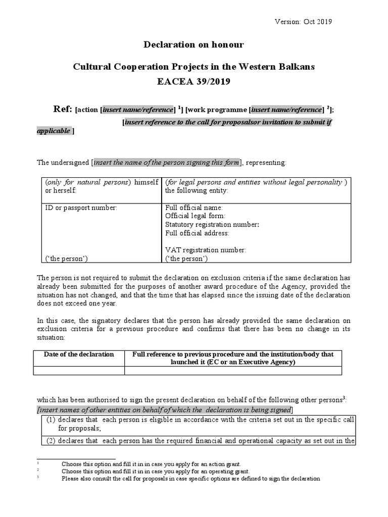 Declaration On Honour Cultural Cooperation Projects in The Western Balkans EACEA 39/2019 Ref ...