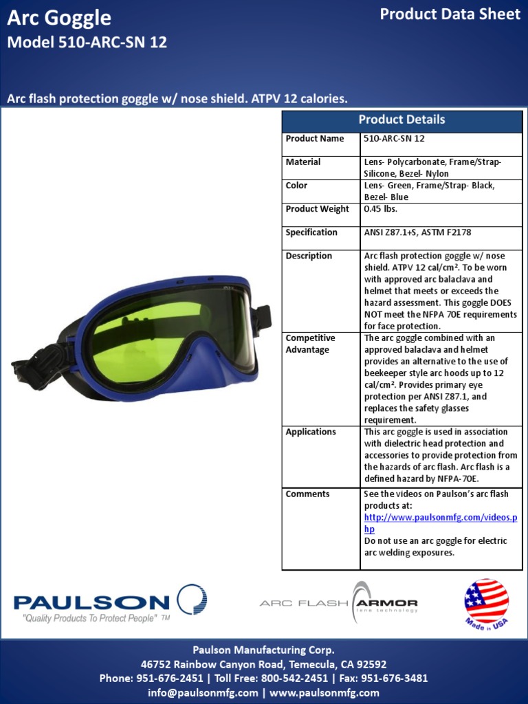Arc Flash Protection Goggle W/ Nose Shield. ATPV 12 Calories. Product ...