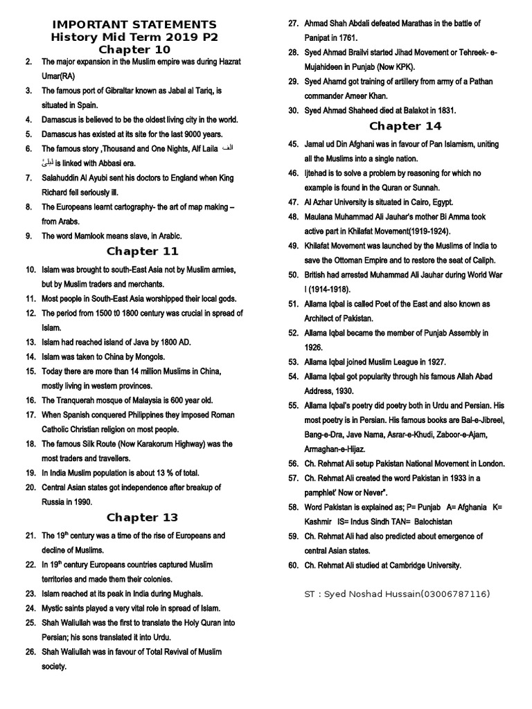Important Statements History Mid Term 2019 P2 | PDF | Caliphate | Pakistan