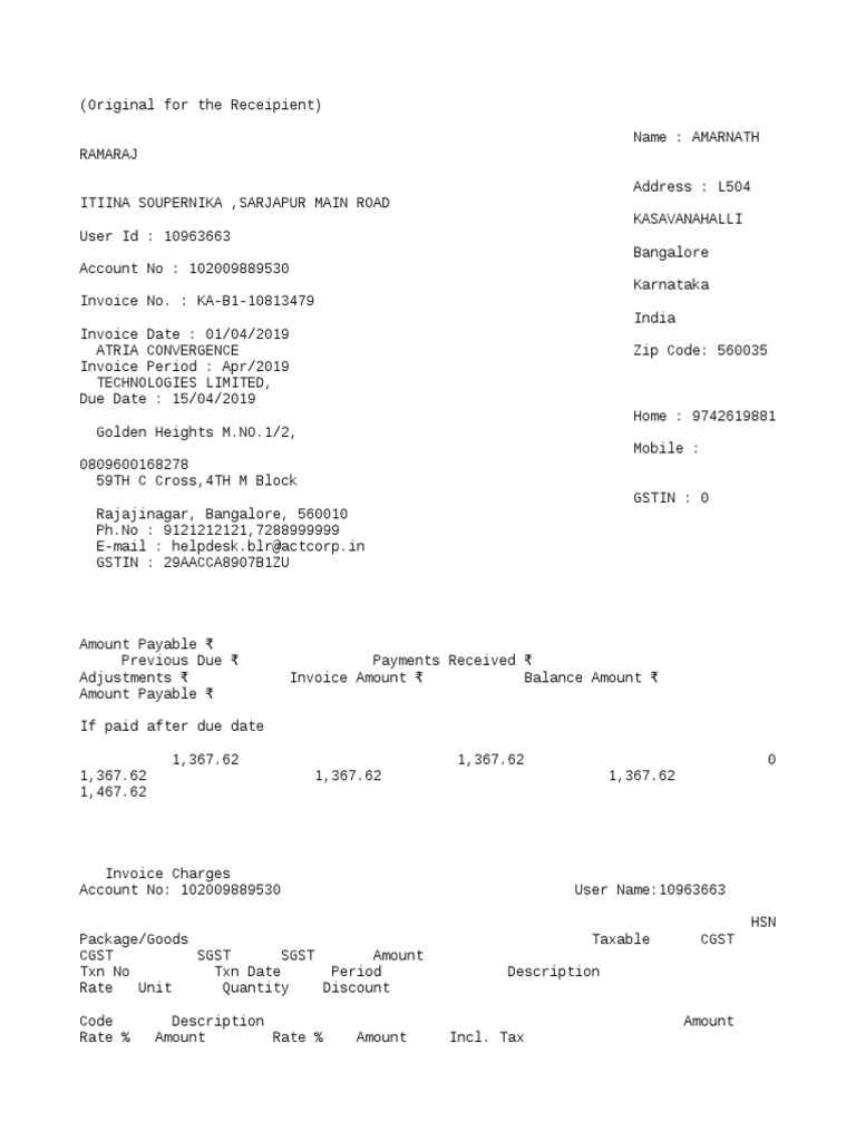 ACT Broadband Bill | PDF | Invoice | Cheque