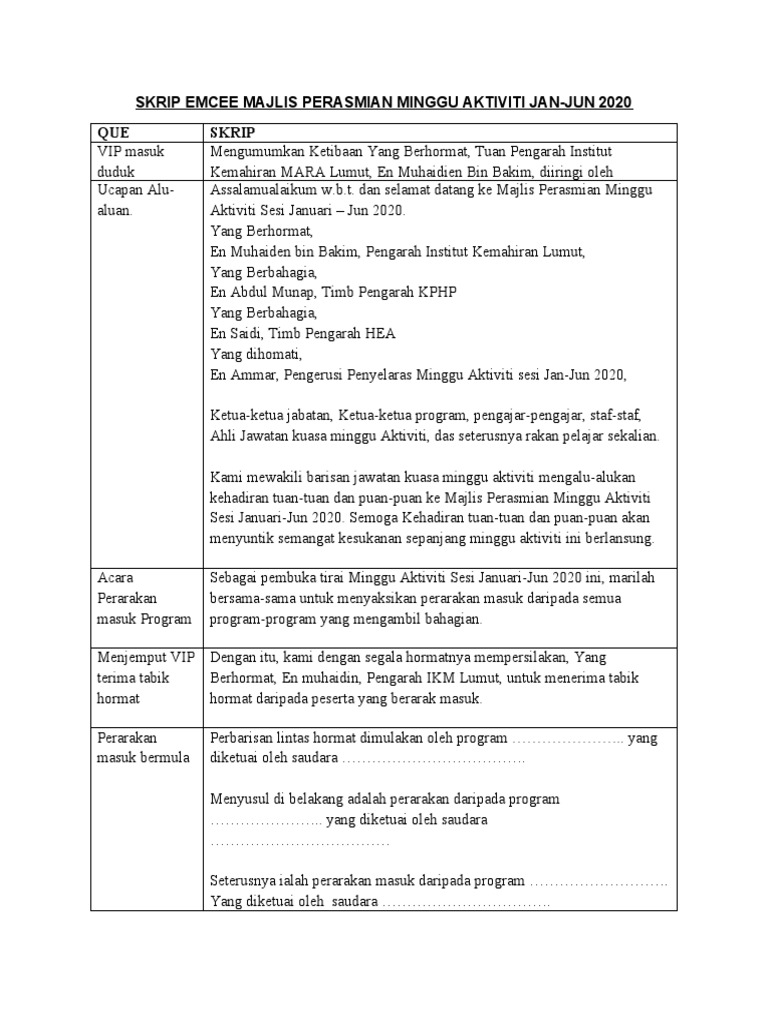 Skrip Emcee Majlis Perasmian Minggu Aktiviti Jan | PDF