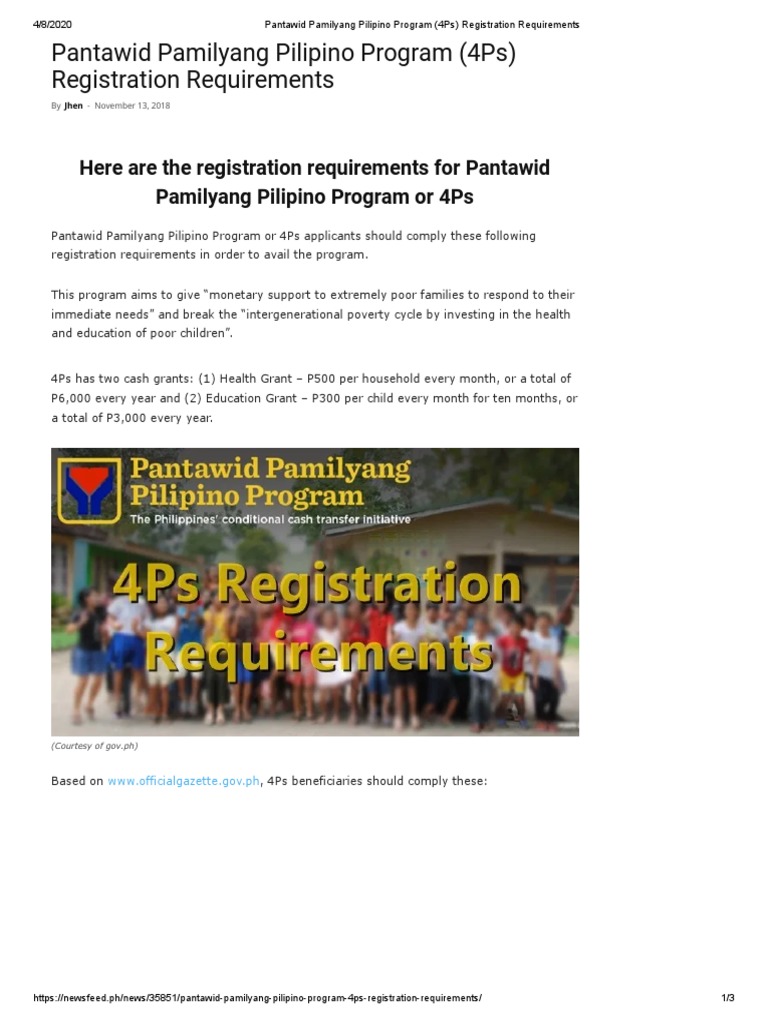 Pantawid Pamilyang Pilipino Program (4Ps) Registration Requirements ...