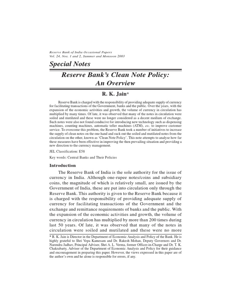 Reserve Bank's Clean Note Policy: An Overview Special Notes: R. K. Jain ...