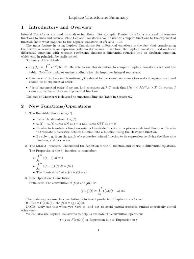 Laplace Transforms Summary 1 Introductory and Overview | PDF | Laplace ...