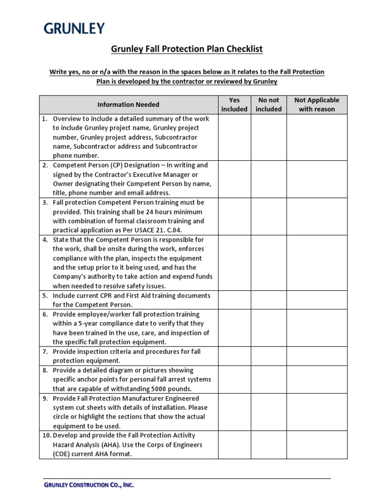 Fall Protection Plan CHECKLIST - GRUNLEY PDF | PDF | Safety | Prevention
