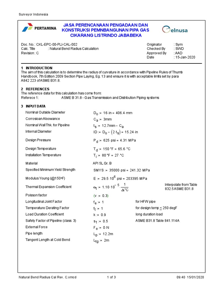 Natural Bend Radius Cal Rev. C PDF | PDF | Pipe (Fluid Conveyance) | Chemical Engineering