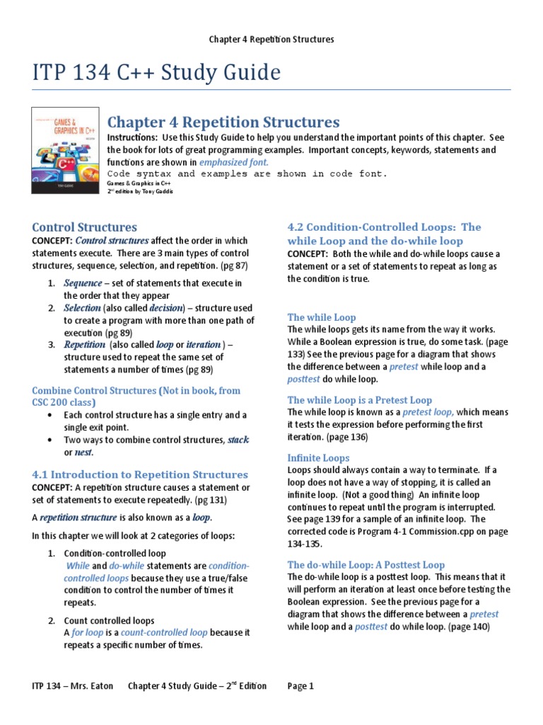 ITP 134 C++ Study Guide: Chapter 4 Repetition Structures | PDF ...
