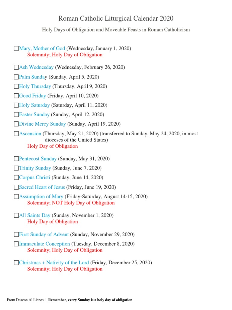 Roman Catholic Liturgical Calendar 2020 | PDF