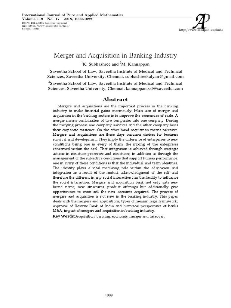 Merger and Acquisition in the Banking Industry: Motives, Procedures and ...