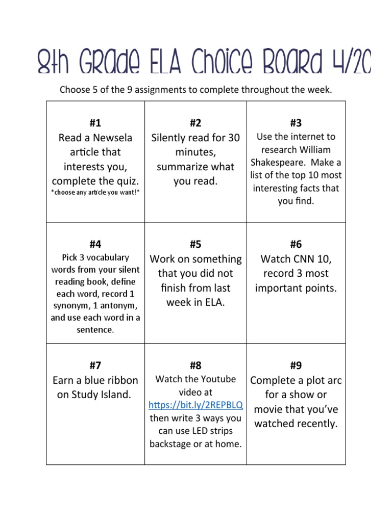 8th ELA Choice Board 4.20 | PDF | Language Arts & Discipline