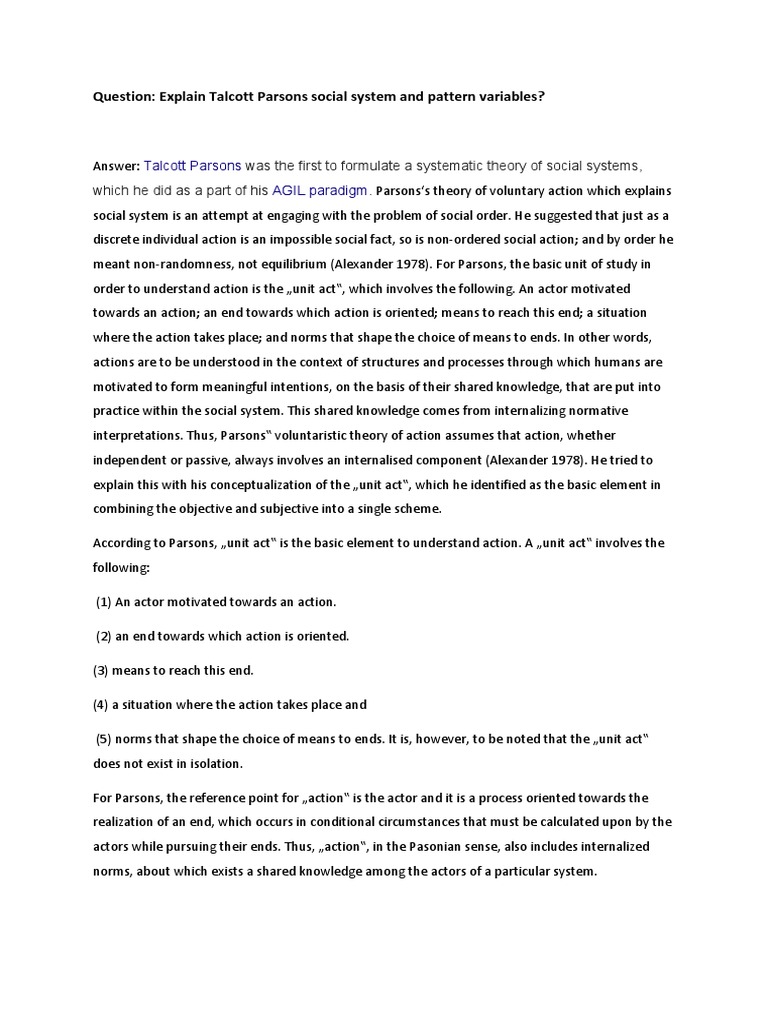 Talcott Parsons Social System and Pattern Variables PDF | PDF | System ...