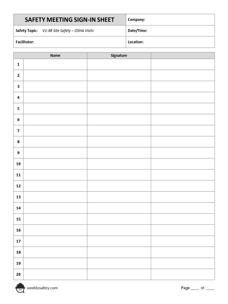 Foremans Topic - V1-48 OSHA Visits Sign-In Sheet | PDF