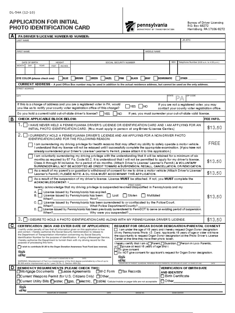 Dl-54a Application For Photo ID | PDF | Identity Document | Driver's ...