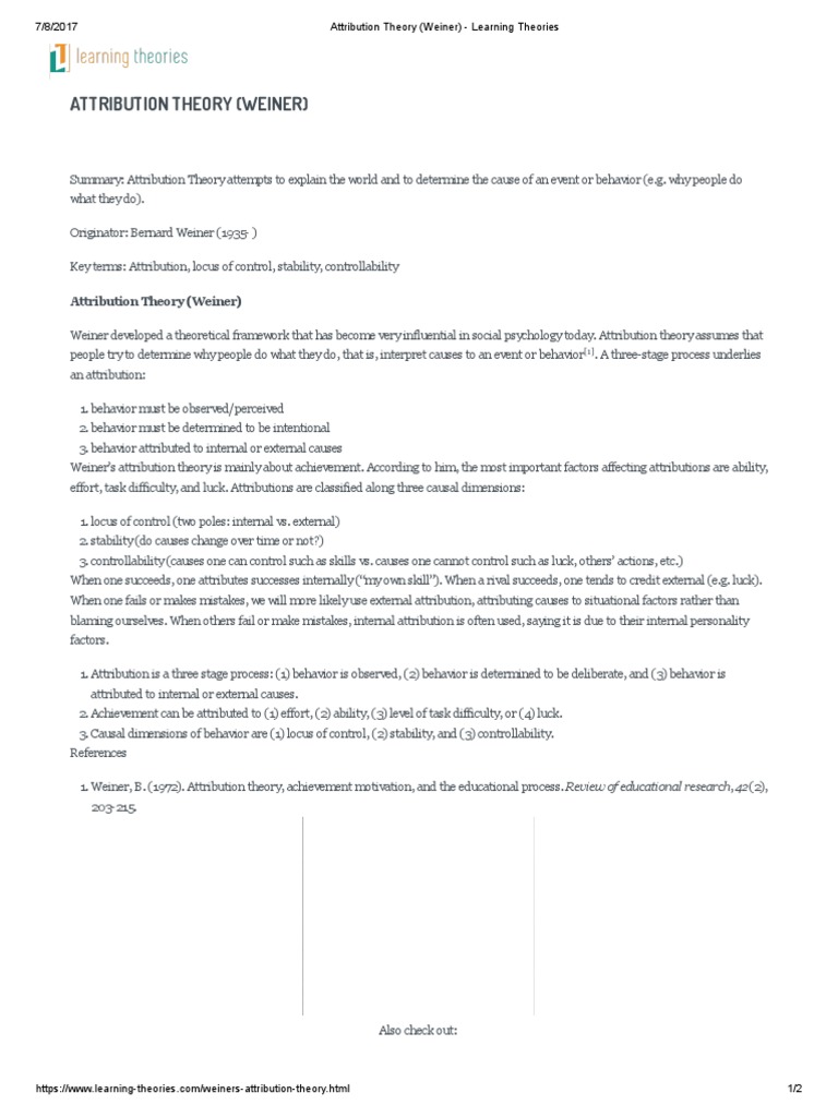 Attribution Theory (Bernard Weiner) PDF | PDF | Psychological Theories ...