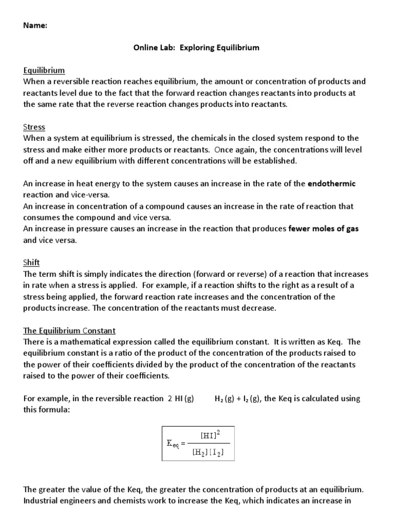 Name: Online Lab: Exploring Equilibrium | PDF | Reaction Rate | Chemical Equilibrium