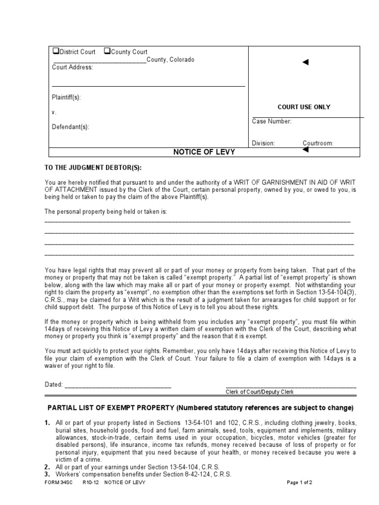Form 34 Notice of Levy R10-12 | PDF | Welfare | Internal Revenue Service