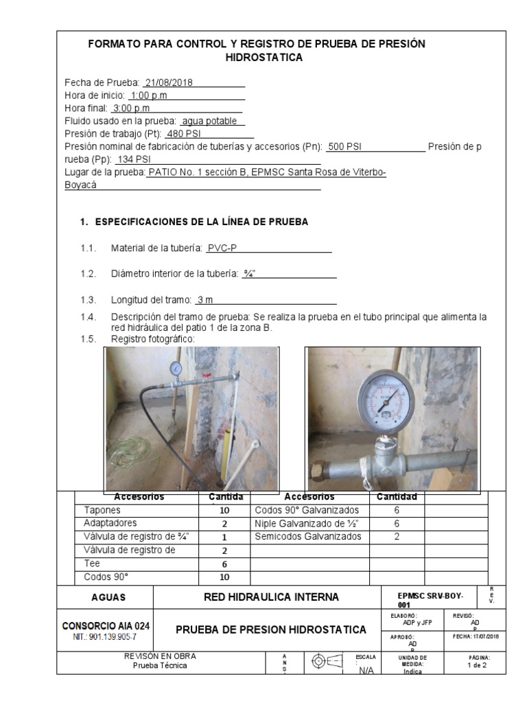 Anexo 1 - Formato Prueba de Presion | PDF | Ingeniería hidráulica | Tubería (transporte de fluidos)