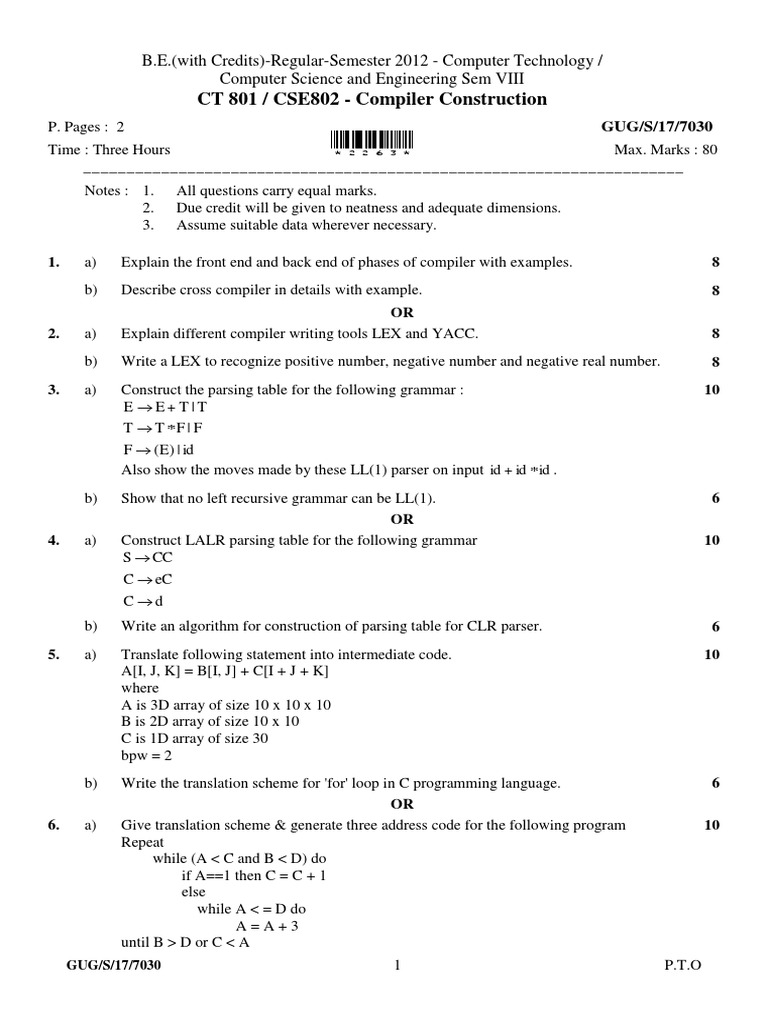CT 801 / CSE802 - Compiler Construction | PDF | Parsing | Syntax (Logic)
