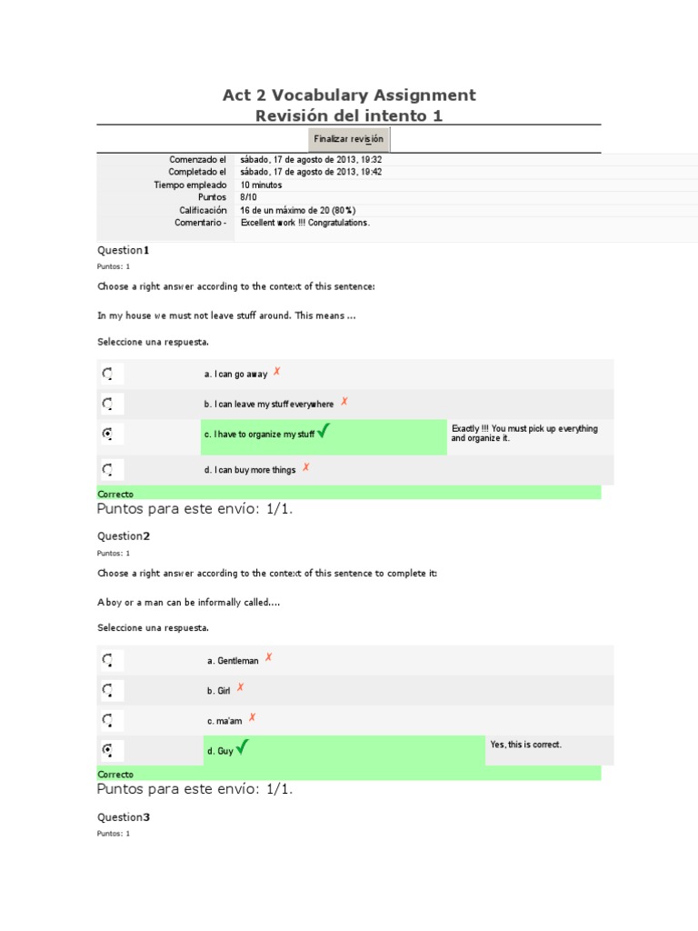 Act 2 Vocabulary Assignment Revisión Del Intento 1: Puntos para Este Envío: 1/1 | PDF