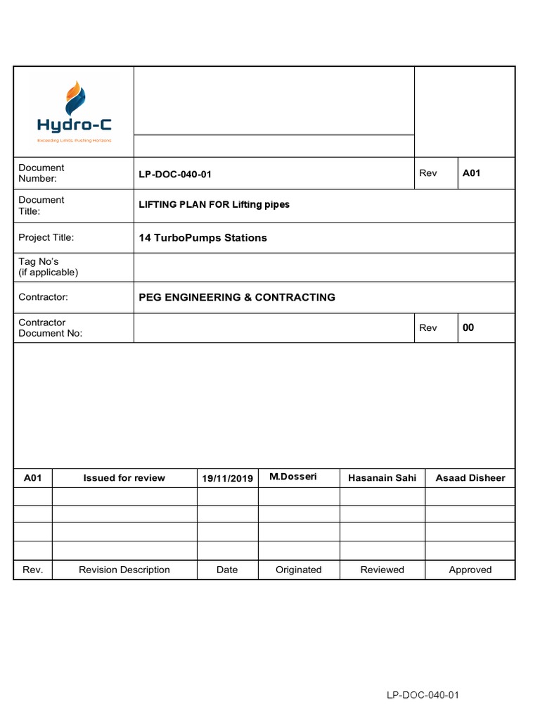 14 Turbopumps Stations: Lp-Doc-040-01 A01 Lifting Plan For Lifting ...