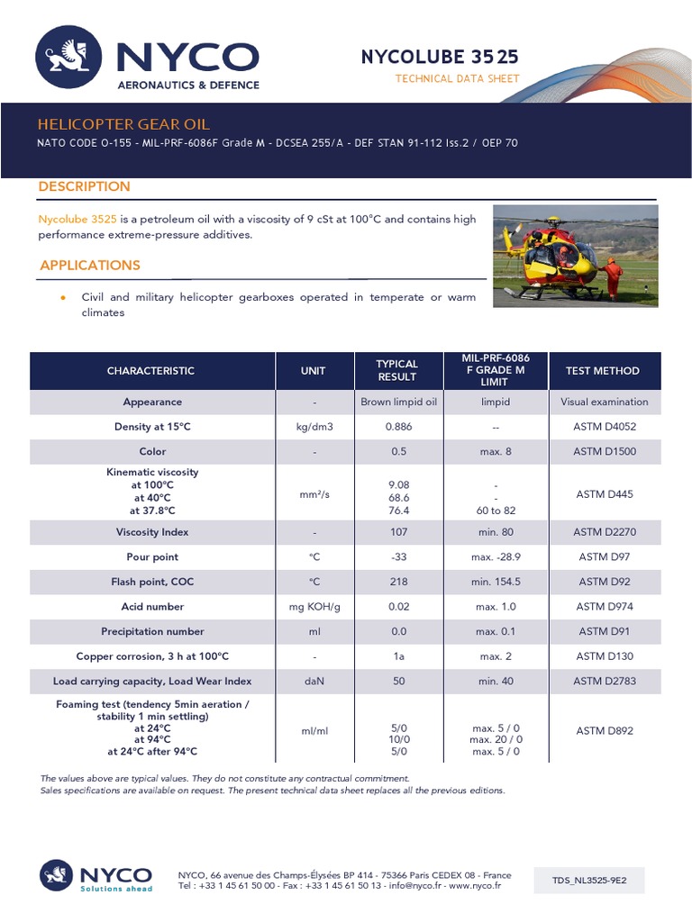 Nycolube 3525 Helicopter Gear Oil TDS | PDF | Chemistry | Materials