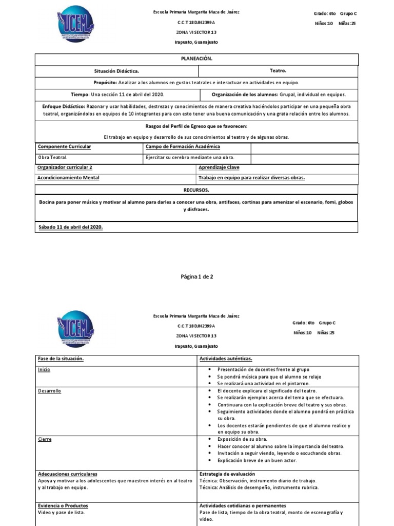 Planeacion para Obra de Teatro | PDF | Teatro | Educación primaria