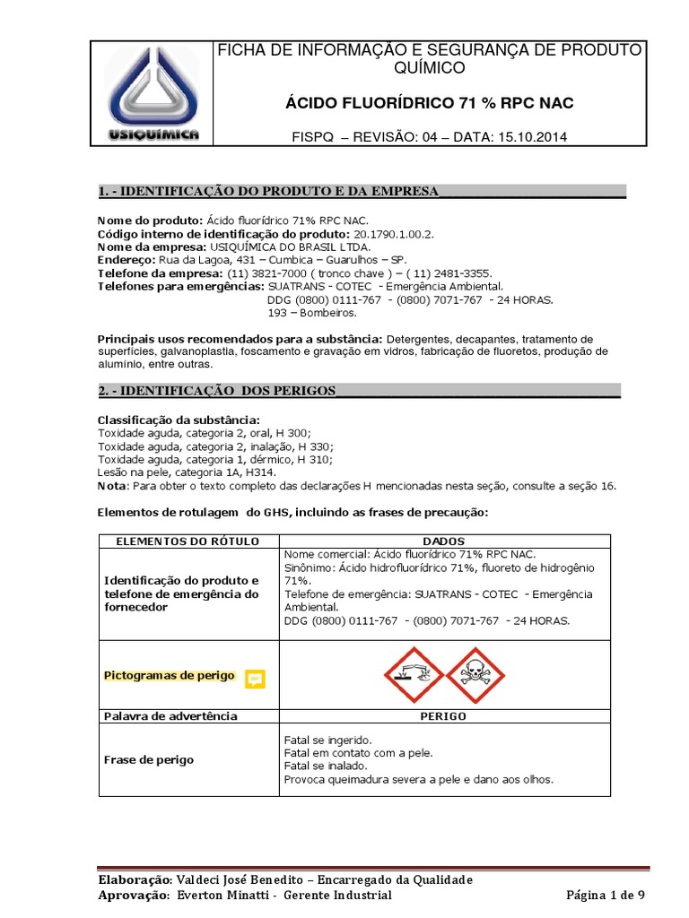FISPQ de Produtos Químicos | PDF | Queimadura | Bronquite