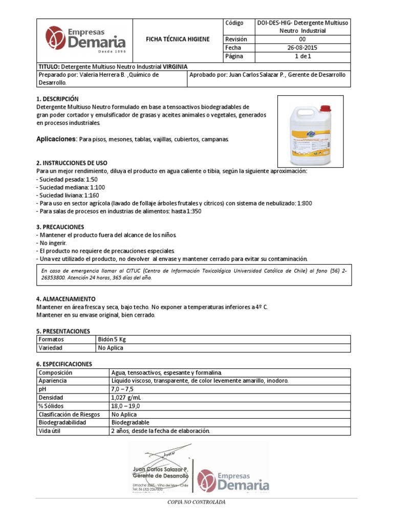 DOI-DES-HIG - Detergente Multiuso Neutro Industrial Ficha Tecnica | PDF ...