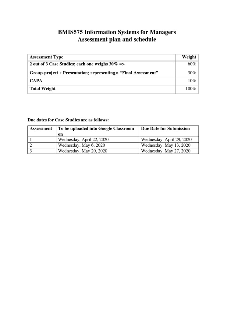 BMIS575 Assessment Plan & Schedule | PDF
